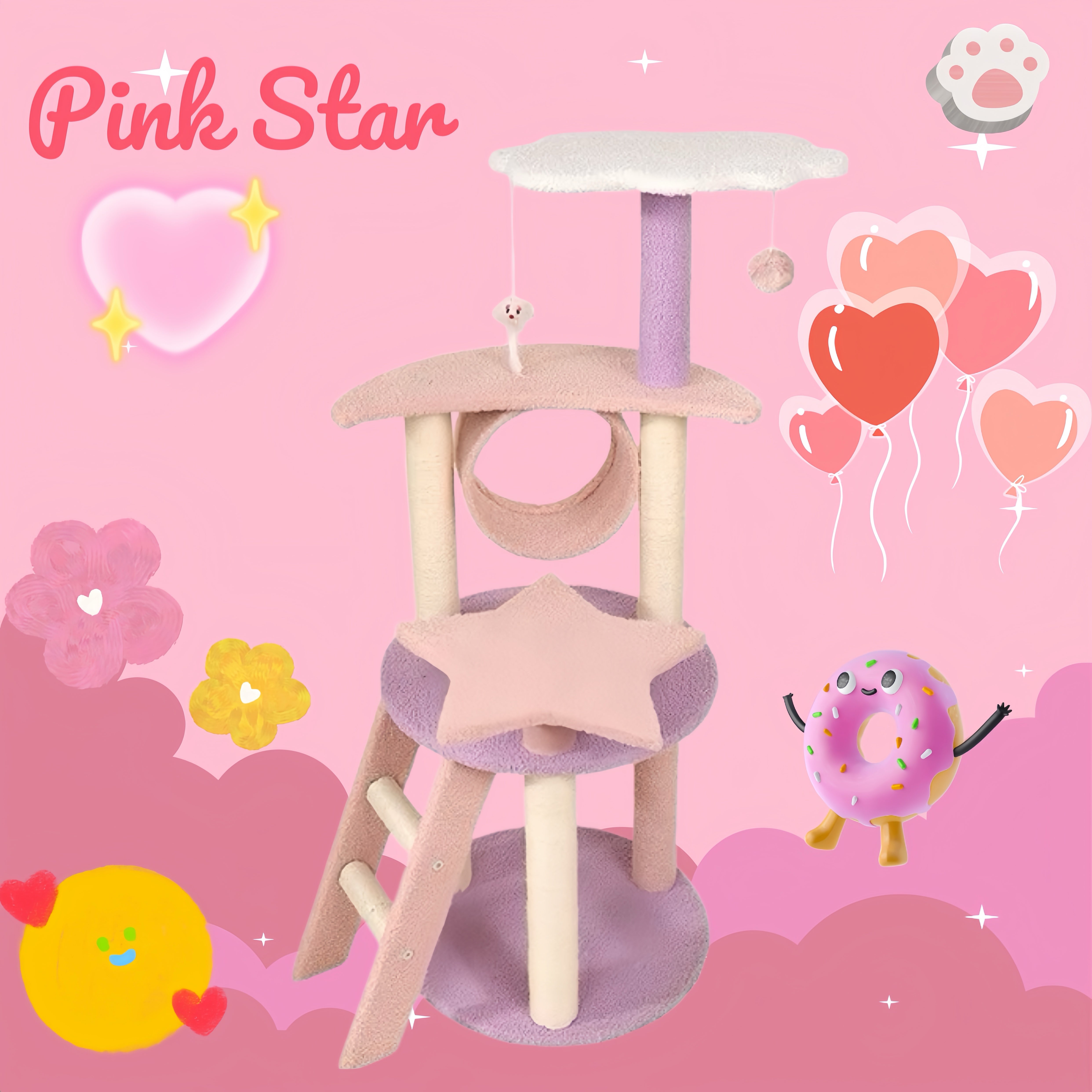 Pink Star Cat Tree | Multi-level Cat Tree | Cat Climbing Frame | BaconPaw